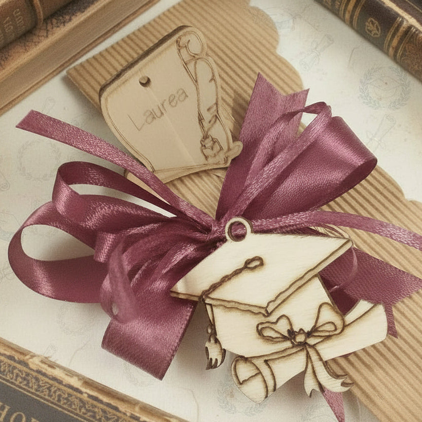 Laurea segnaposto ciondolo legno coccarda applicazione tag, pergamena ...